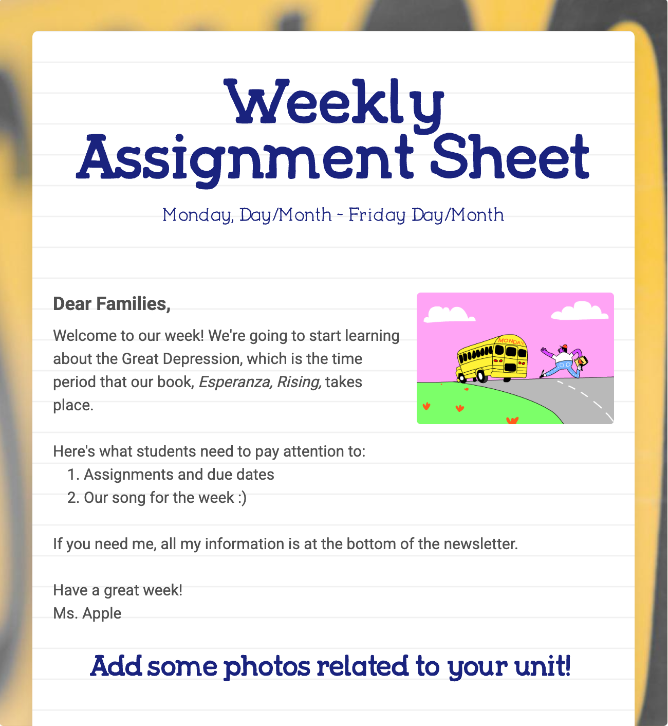 Weekly Assignment Sheet - School Newsletters | Smore