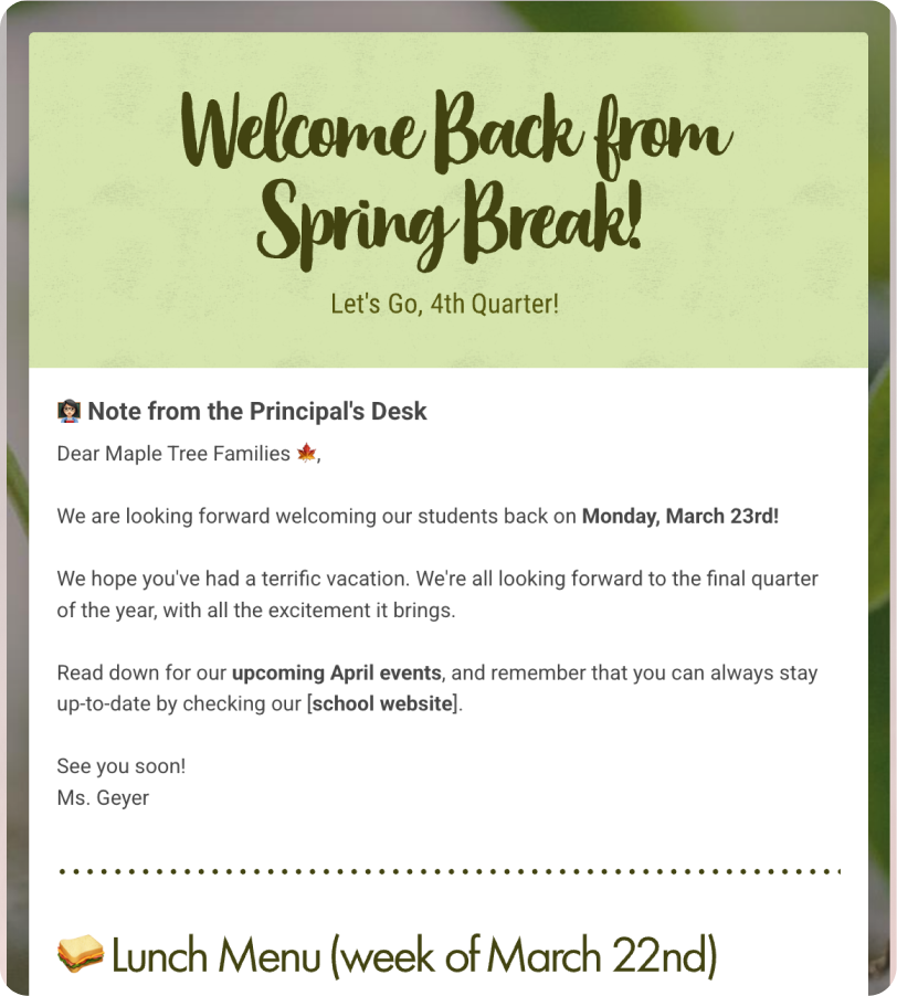 Welcome Back from Spring Break! - Smore