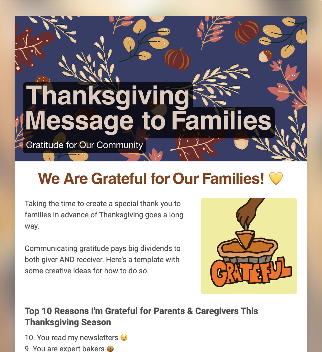 Thanksgiving Message to Families - Smore