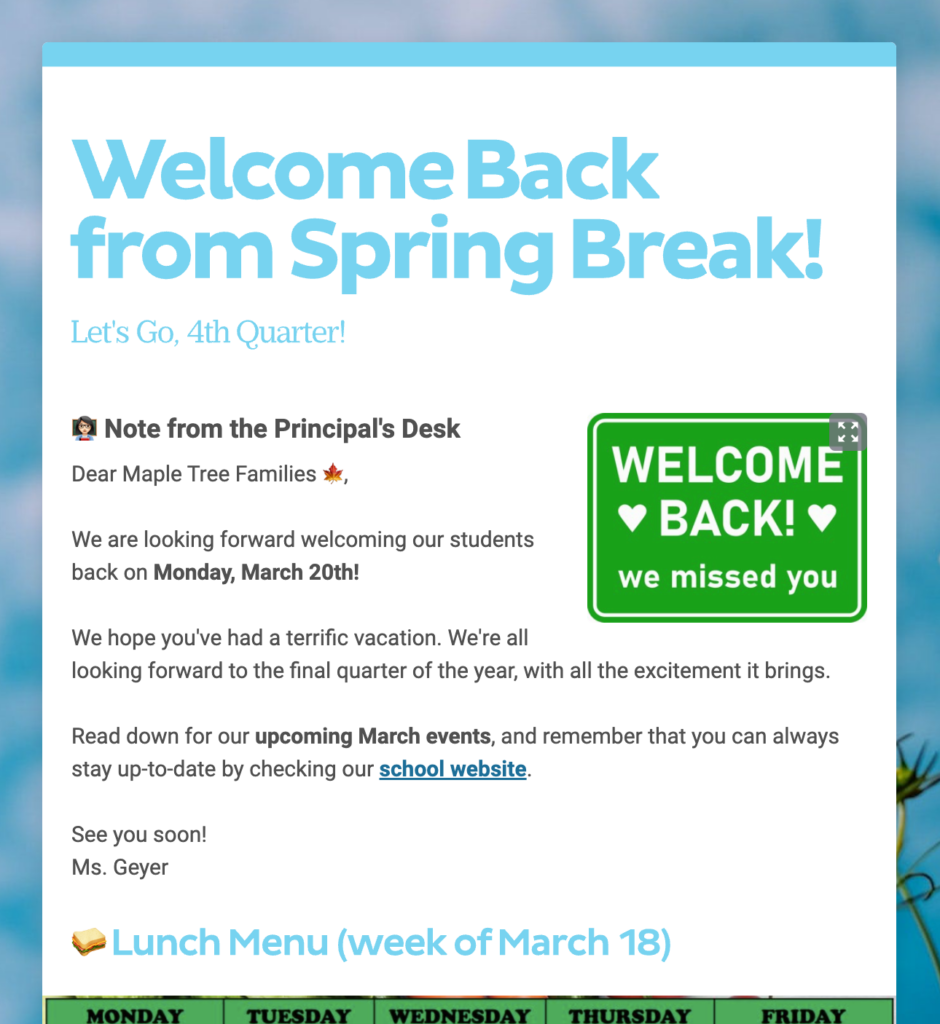 Write a Welcome Back from Spring Break Newsletter | Smore